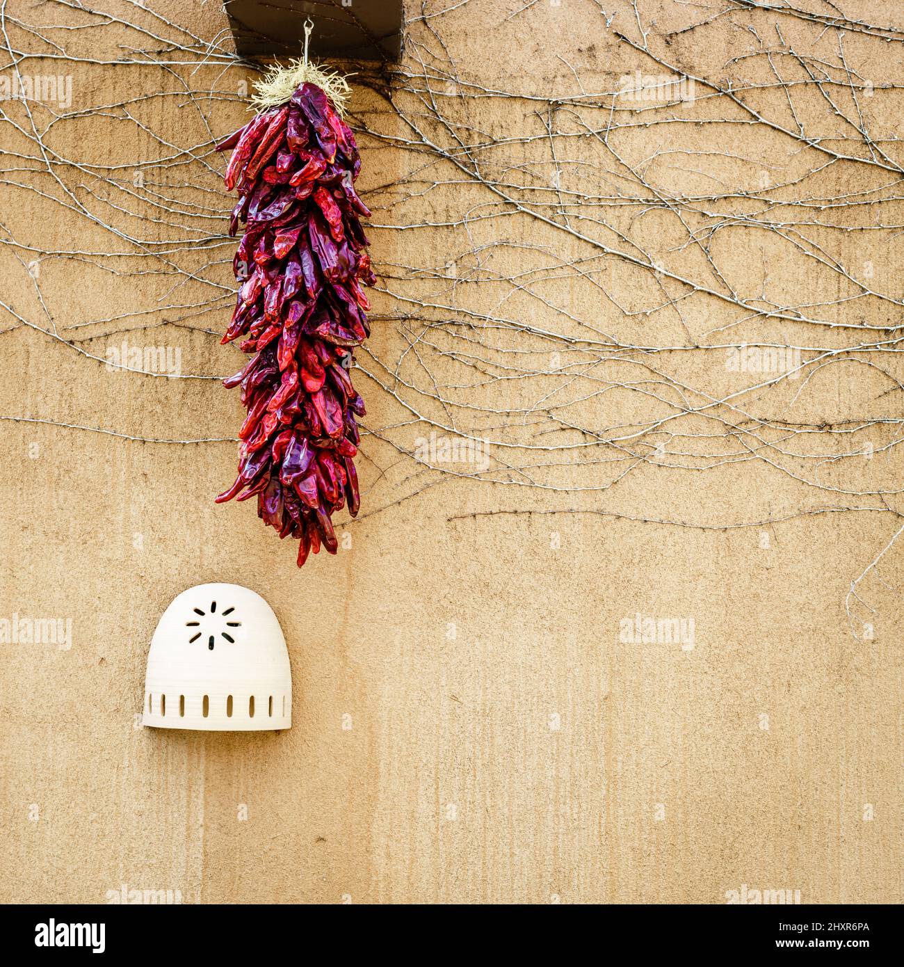 Traditional dried red chili ristra at a house in Santa Fe, New Mexico ...