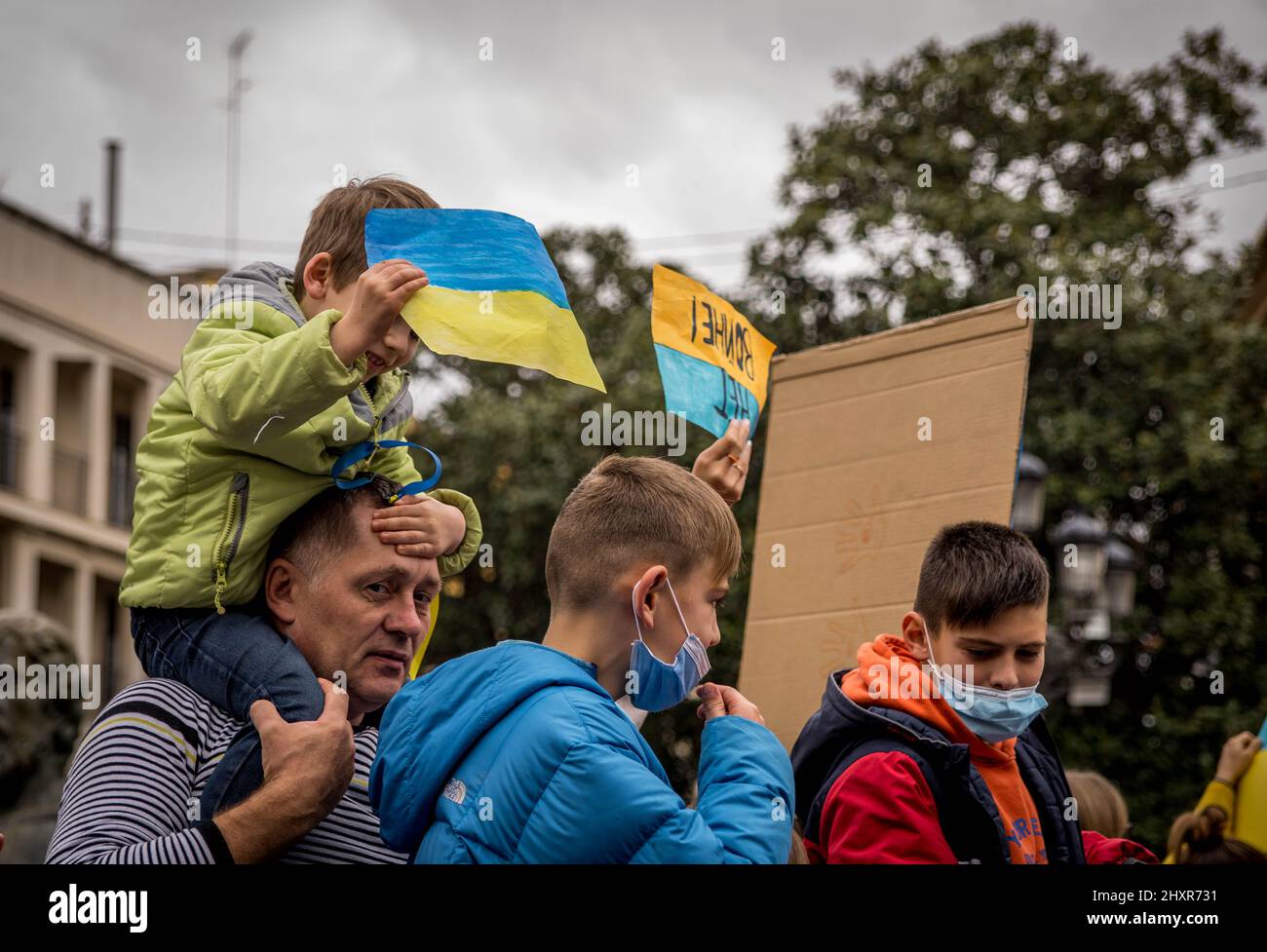 Ukrainian Father with his Little Son on his Shoulders and Ukrainian ...