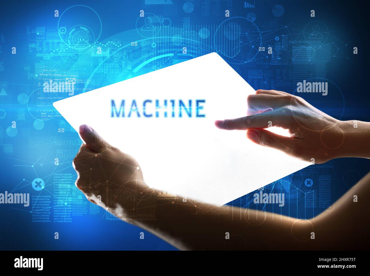 Hand holdig futuristic tablet , technology concept Stock Photo - Alamy