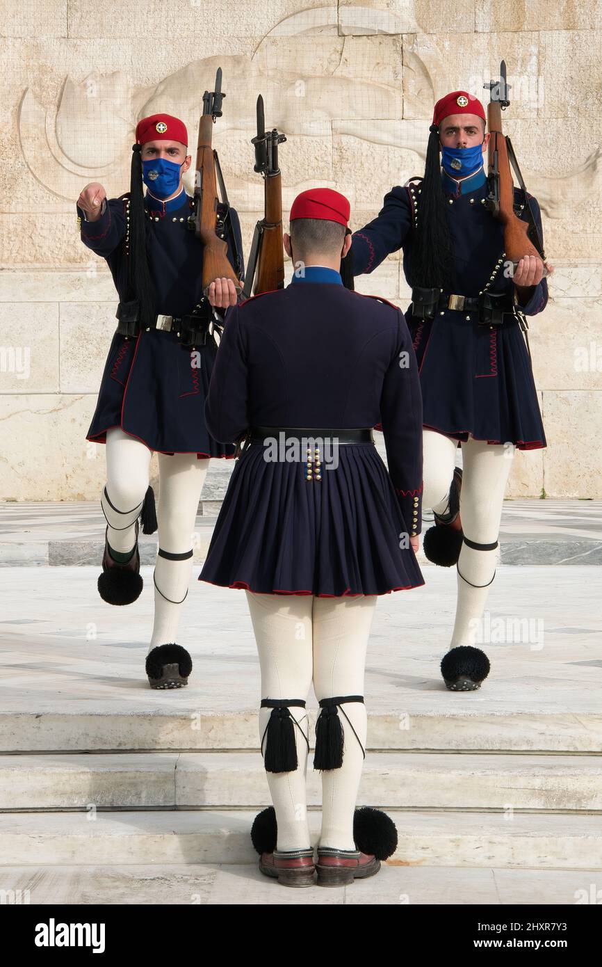 Soldiers of the Greek Presidential Guard change shifts, Evzones. Athens, Greece 3-3-2022 Stock ...