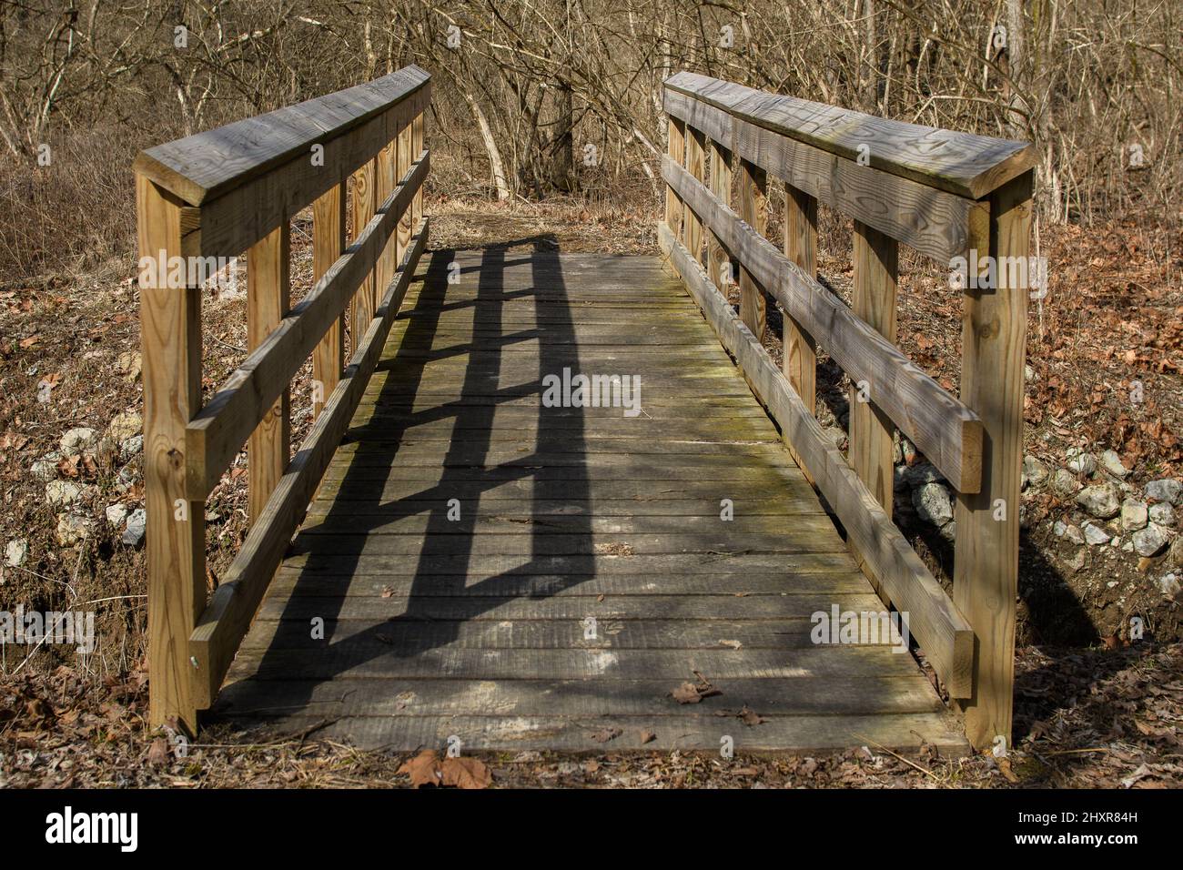 Old unused wooden bridge in the park on a sunny day Stock Photo - Alamy