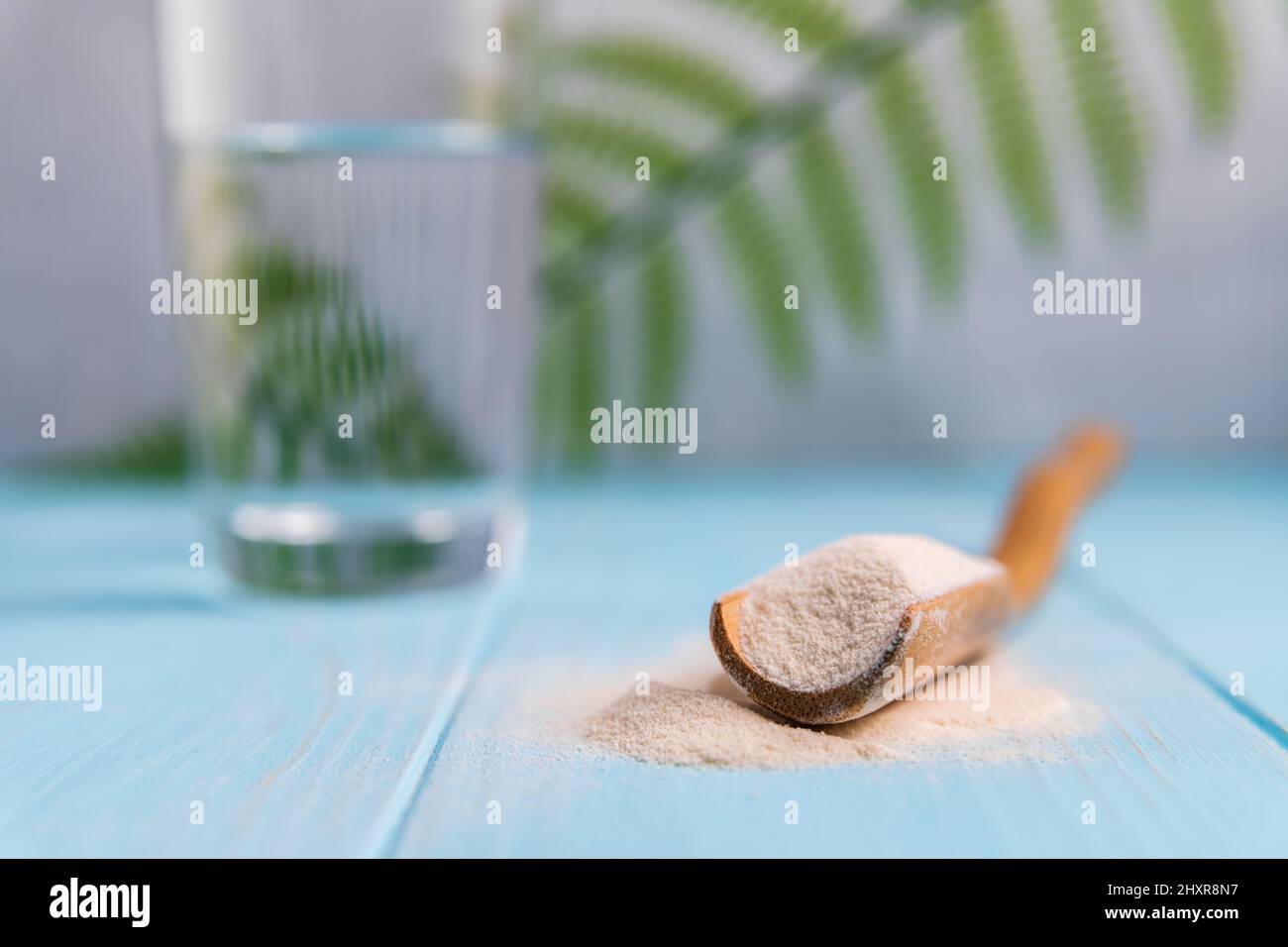 Collagen powder in spoon on wooden blue background Stock Photo - Alamy