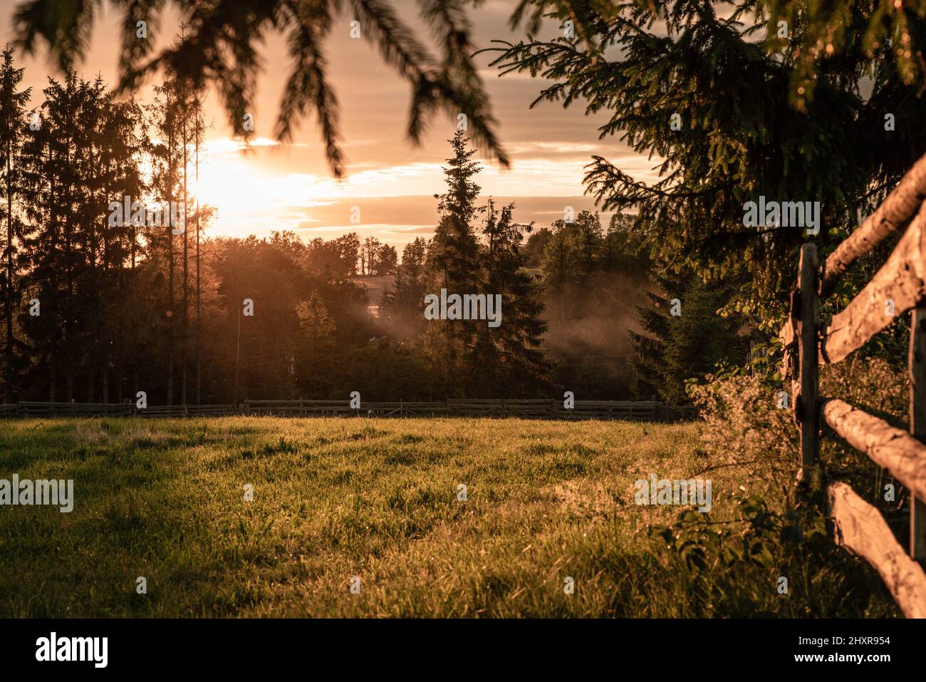 Beautiful sunset over a field in the countryside Stock Photo - Alamy