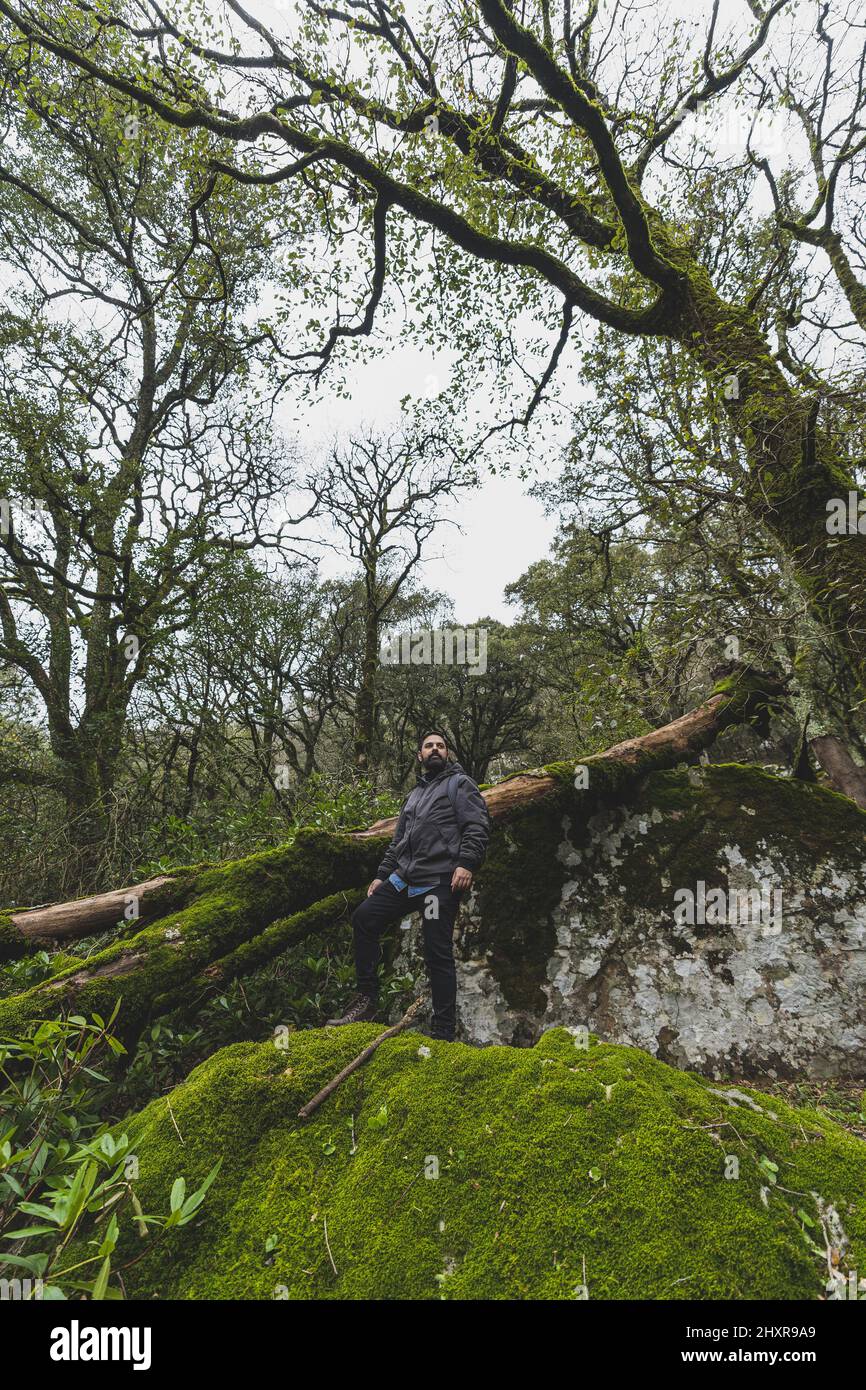 Vertical shot of the young male hiker standing proud on the small hill ...