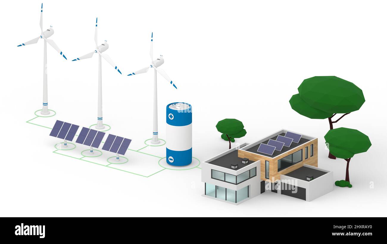 Isometric 3d render of network made of wind turbines, solar panels ...