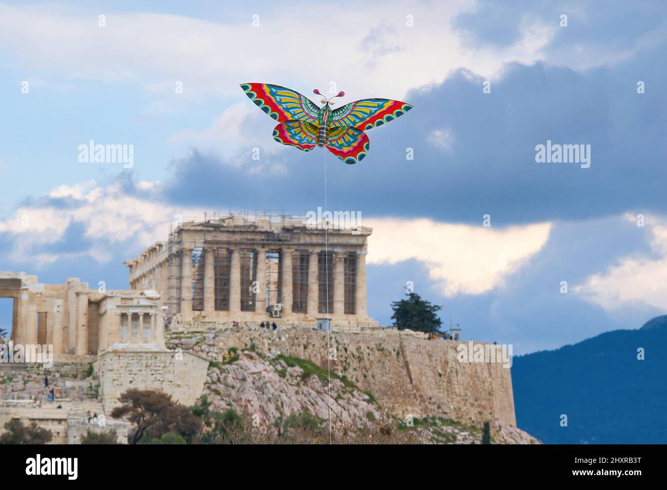 kite over the Acropolis of Athens, a clear Monday custom. Greece Athens ...