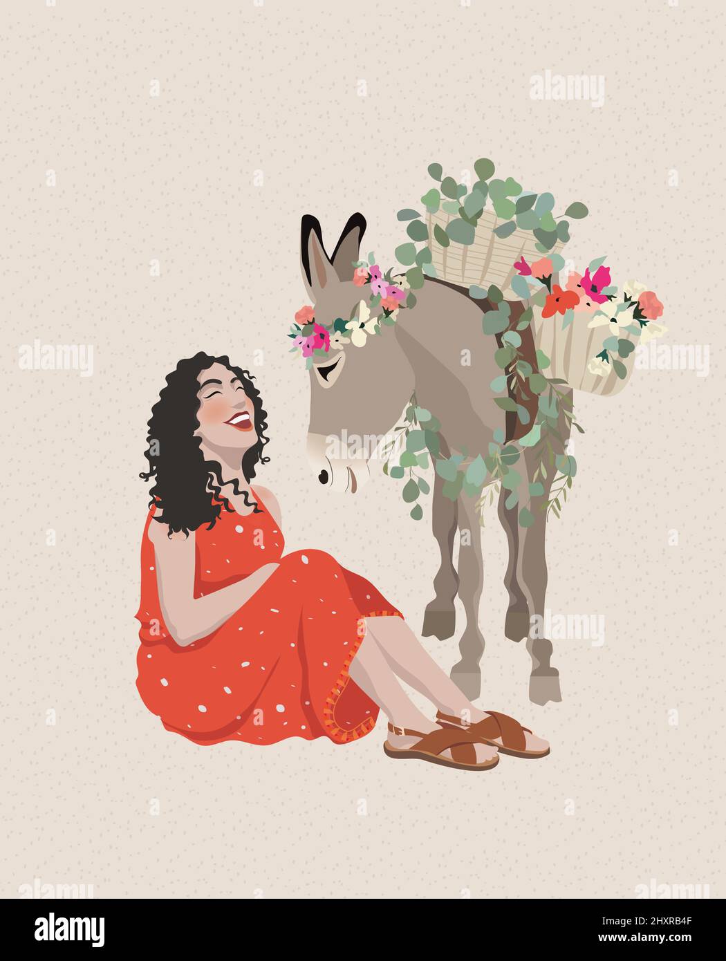 Illustration of happy smiling woman in red dress next to a donkey with ...