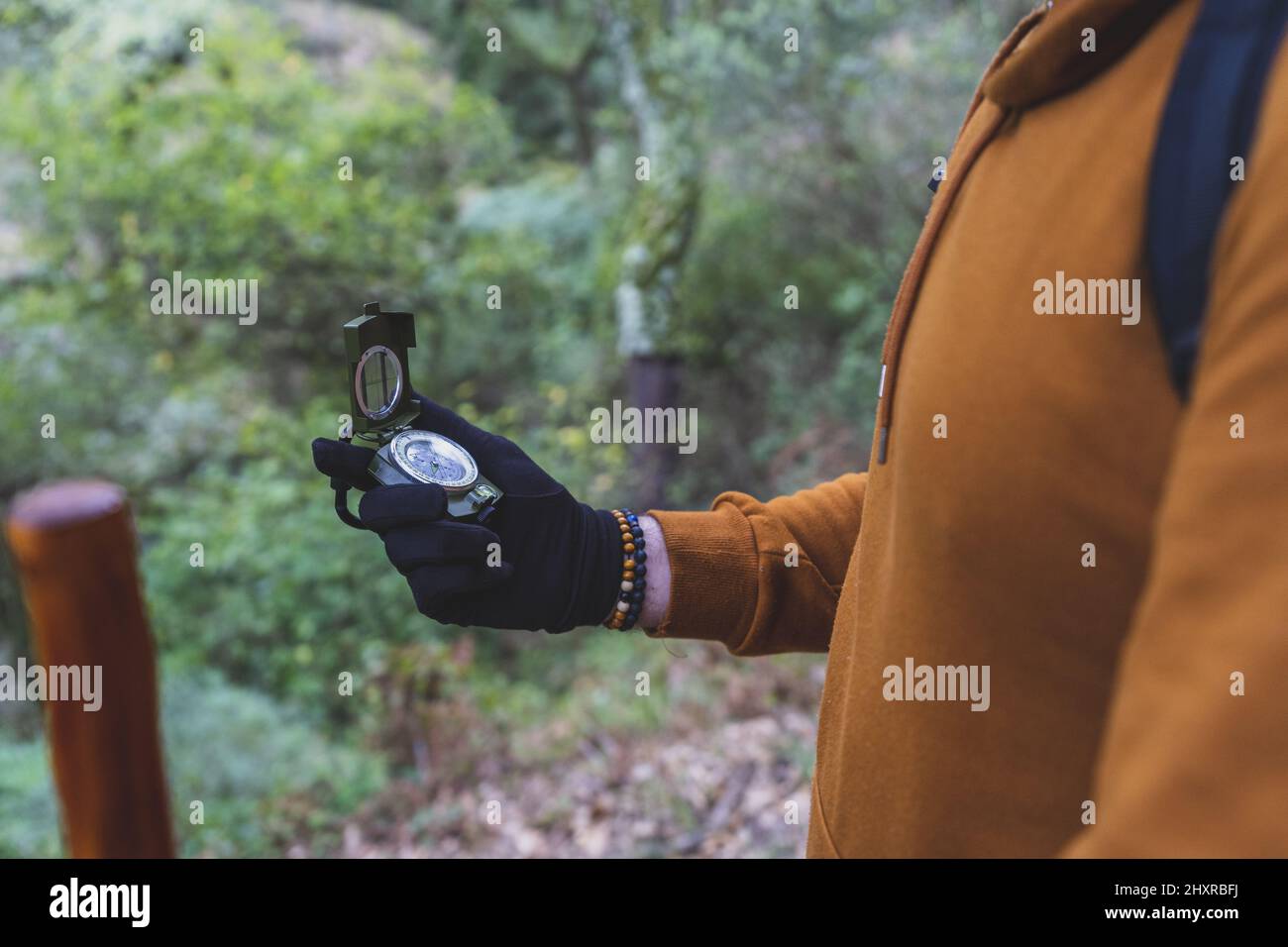 Person holding a compass while hiking in a forest Stock Photo - Alamy