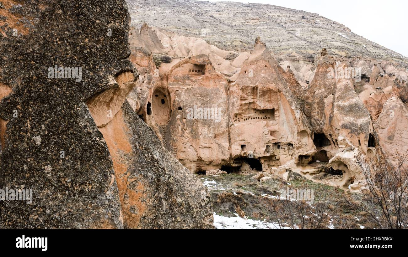 Geological formations and homes built in Cappadocia, Turkey Stock Photo ...