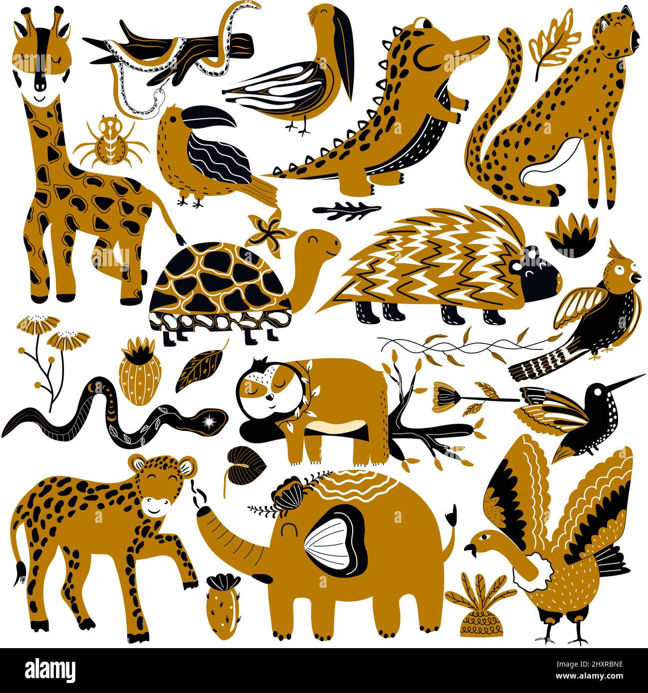Collection of jungle animals.Turtle, leopard, giraffe, parrots ...