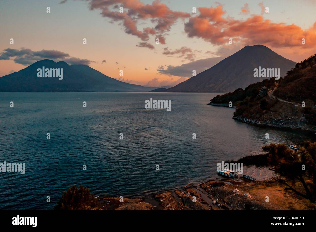 Bird's eye view of a mountain range against the Lake Atitlan in ...