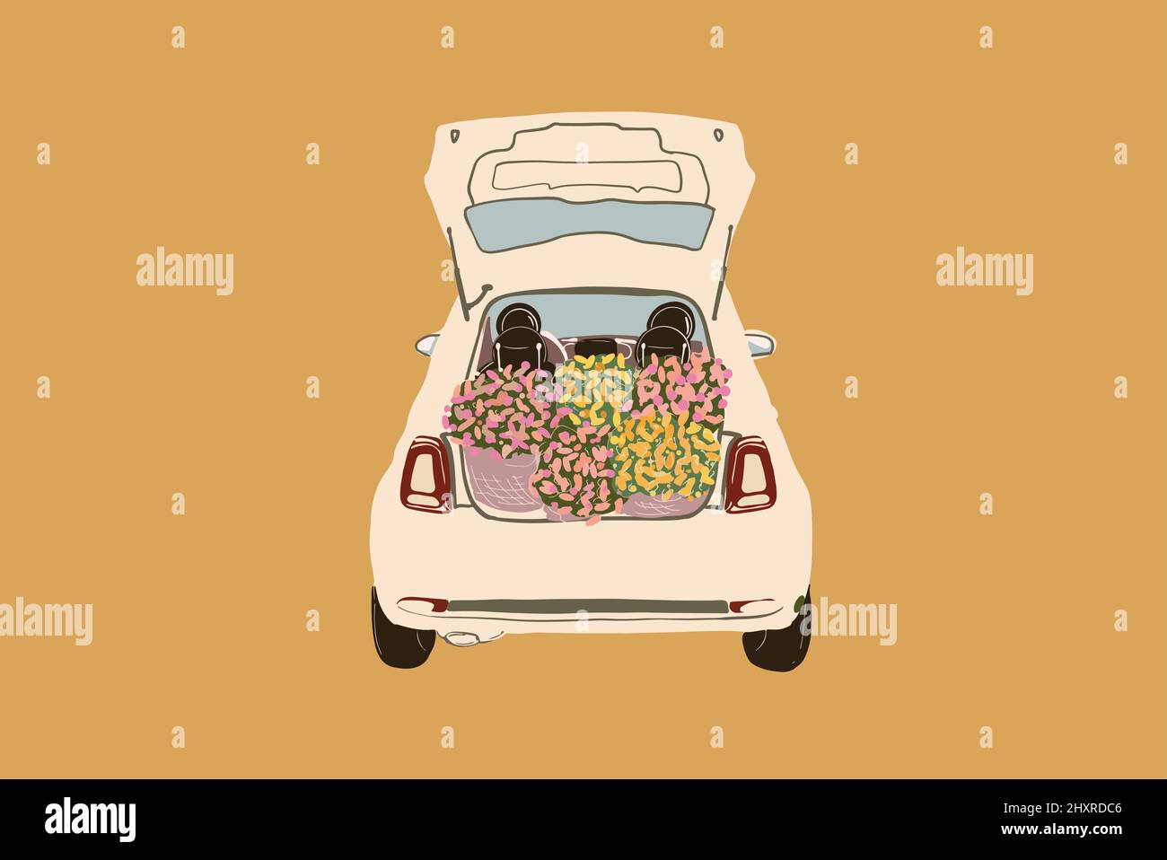 Vector Illustration of retro car trunk full of flowers on yellow ...