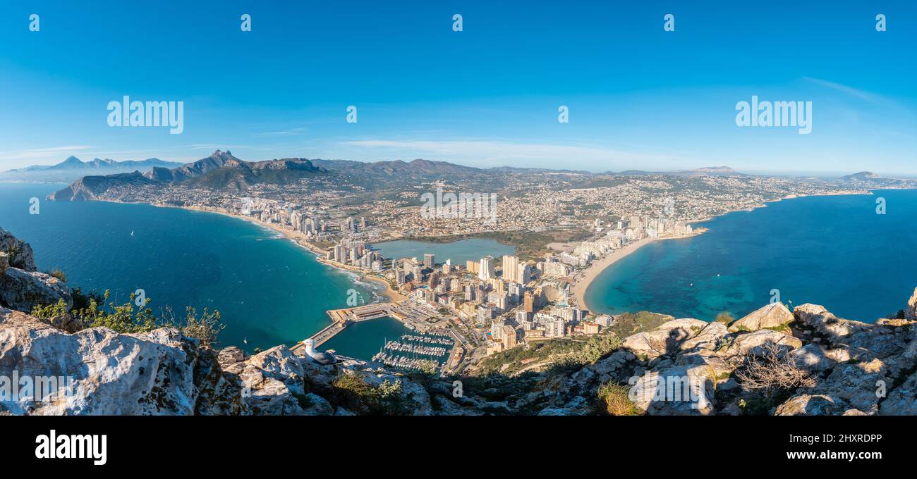 Panoramic view of the city of Calpe from the top in the Penon de Ifach ...