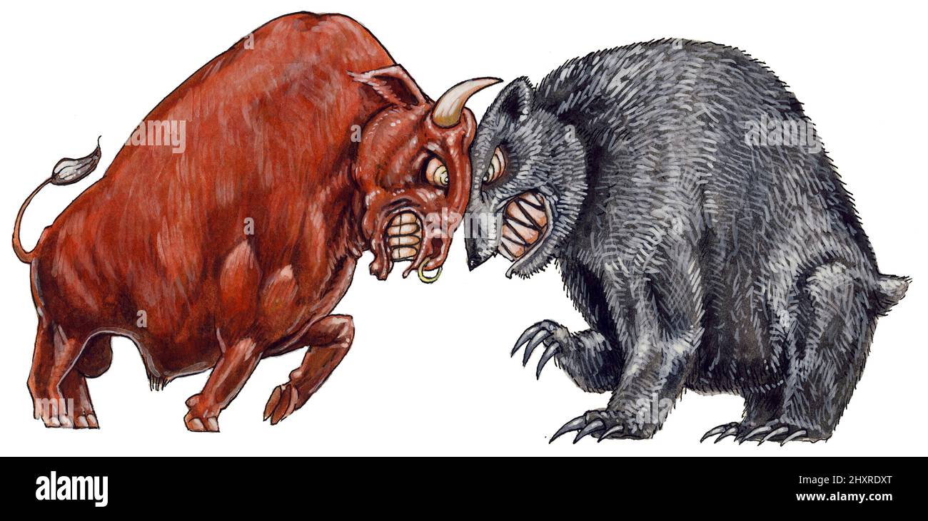Artwork of a bear and bull butting heads, illustrating the concept of ...