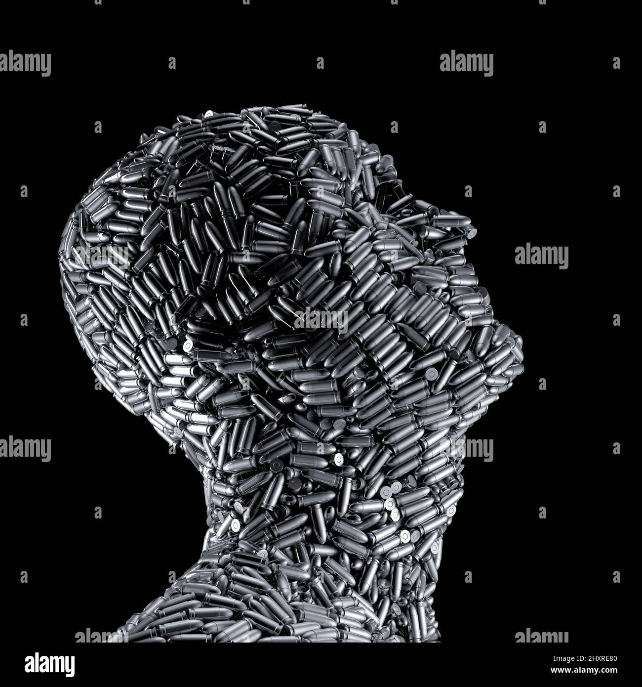 Bullet head handgun metaphor - 3D illustration of pistol ammunition ...