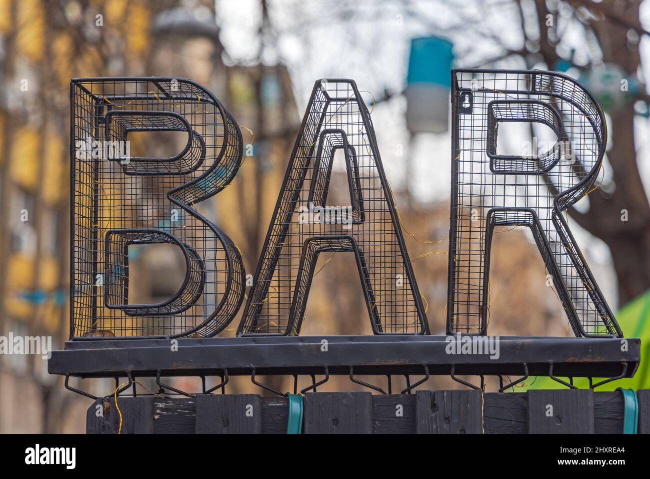 3d Black Metal Wire Sign Bar at Fence Stock Photo - Alamy