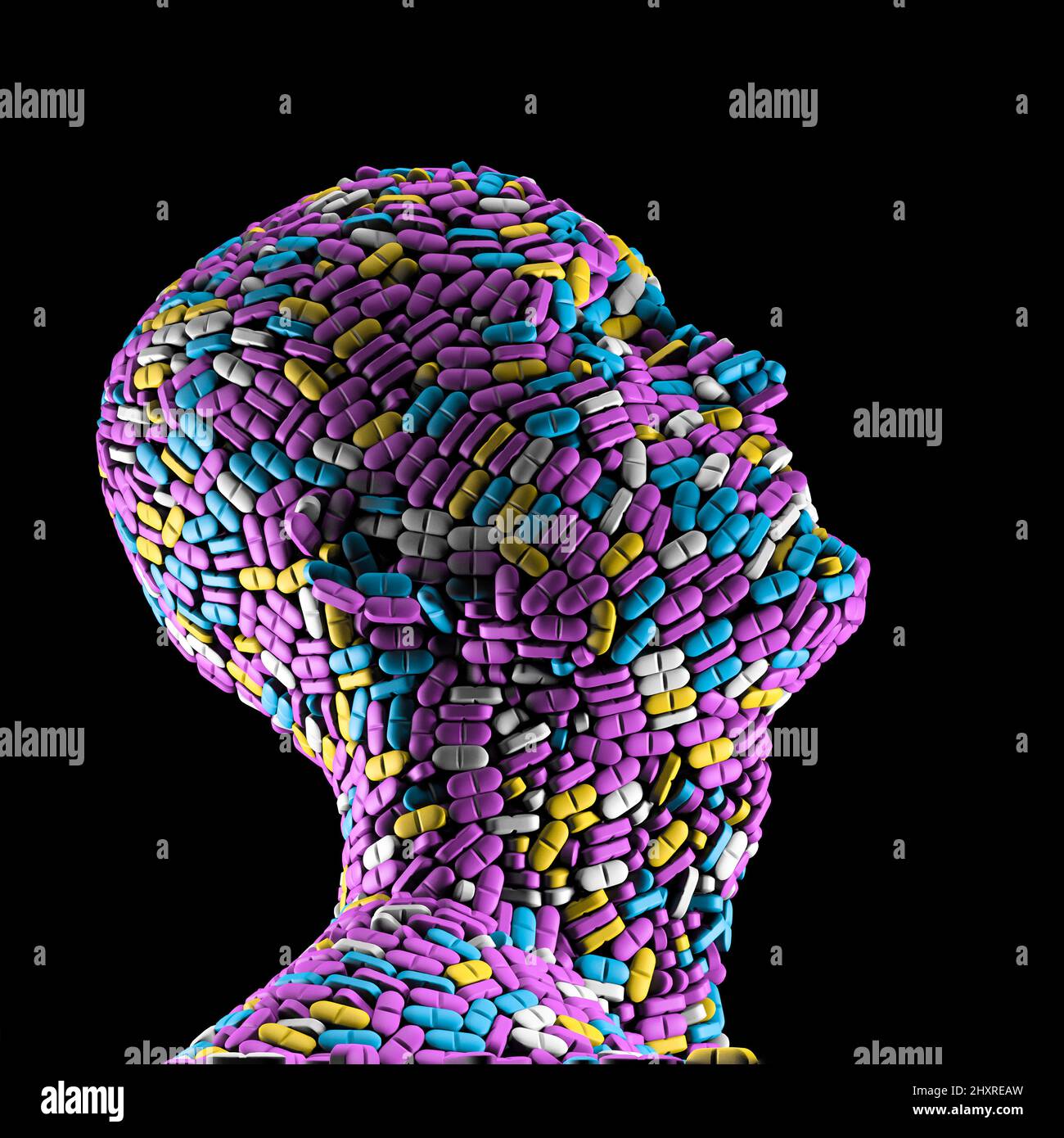 Medical tablet head metaphor - 3D illustration of colourful medicine ...