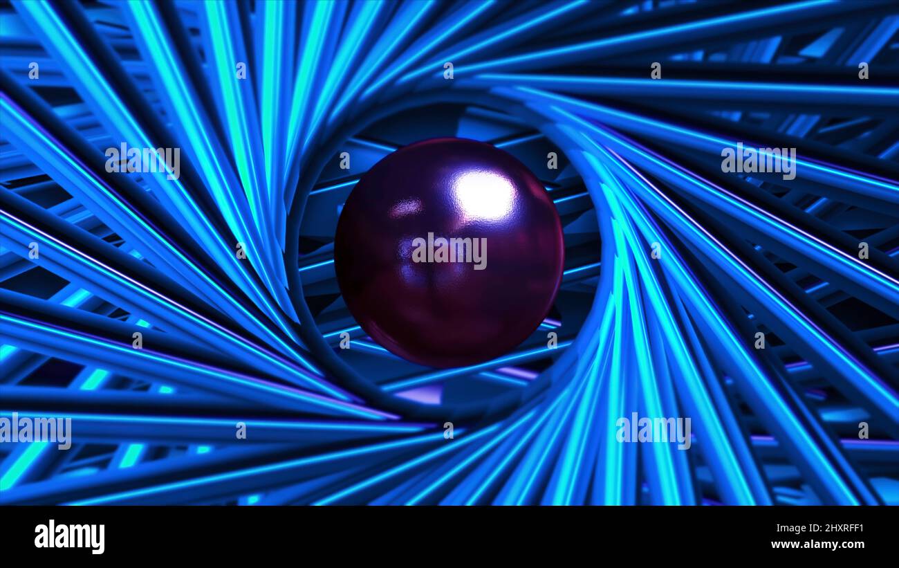 Ball in rotating 3d spiral of metal lines. Motion. 3D animation with ...