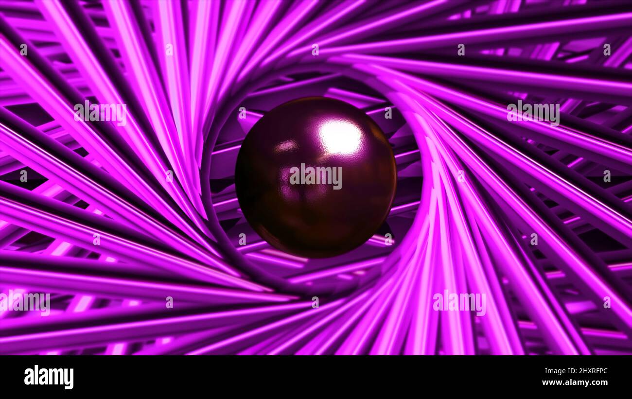 Ball in rotating 3d spiral of metal lines. Motion. 3D animation with ...