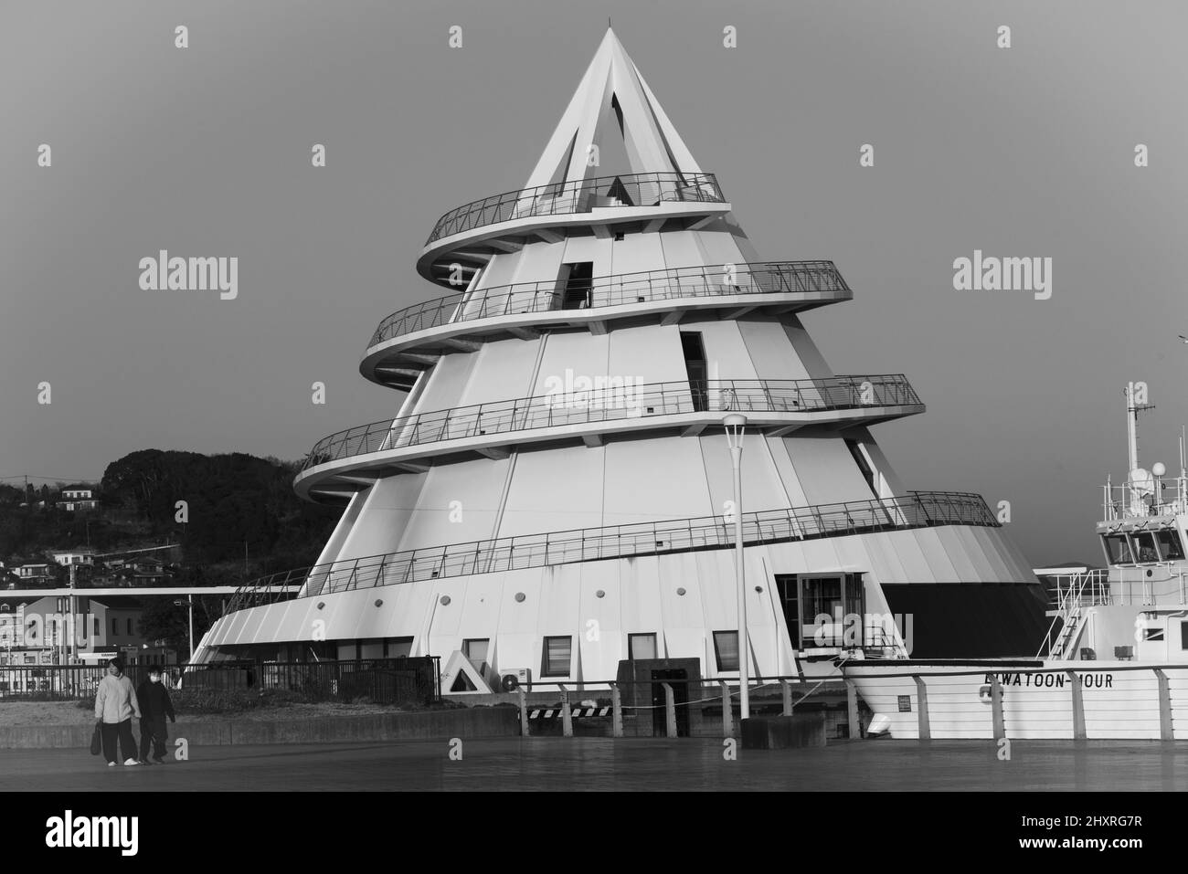 Grayscale shot of the Uki Sea Pyramid in the Japan Misumi West Port ...