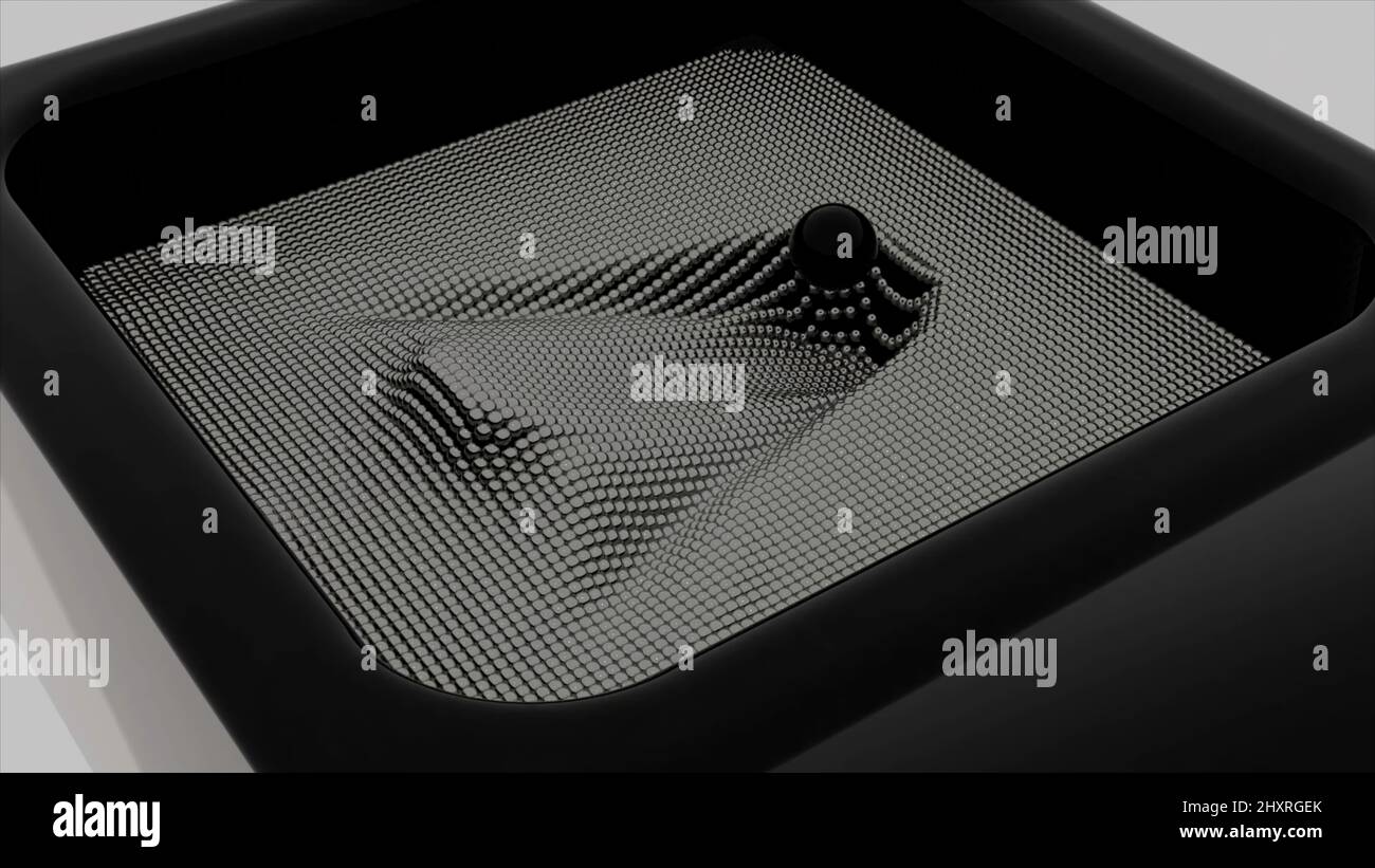 Abstract black sphere falling inside unknown substance and rolling with ...