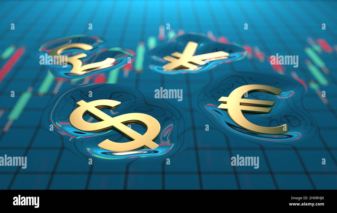 Dollar, Euro, Yen, British Pound symbols floating on currency chart ...