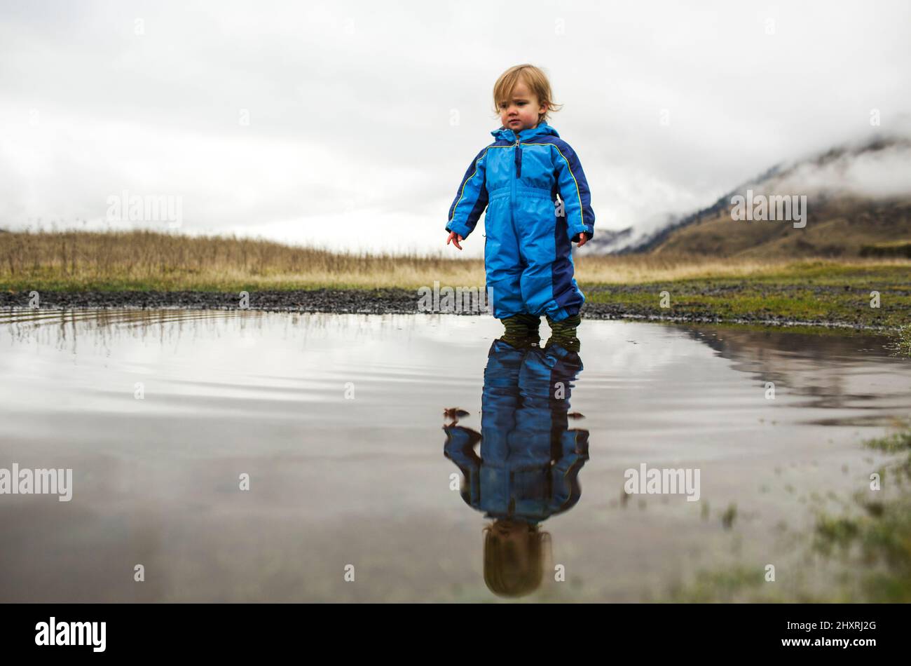 A young child stands in shallow puddle with reflection Stock Photo - Alamy