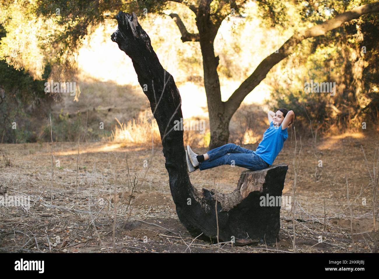 Boy Leaning Back And Smirking At Camera While Sitting On a Tree Stump ...