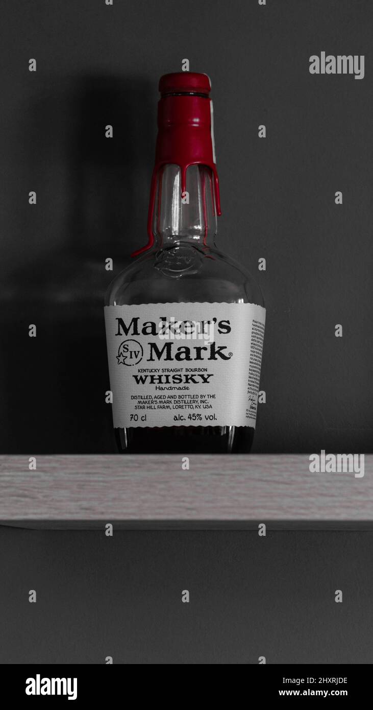 Maker's Mark bourbon whiskey with no other only red Stock Photo - Alamy