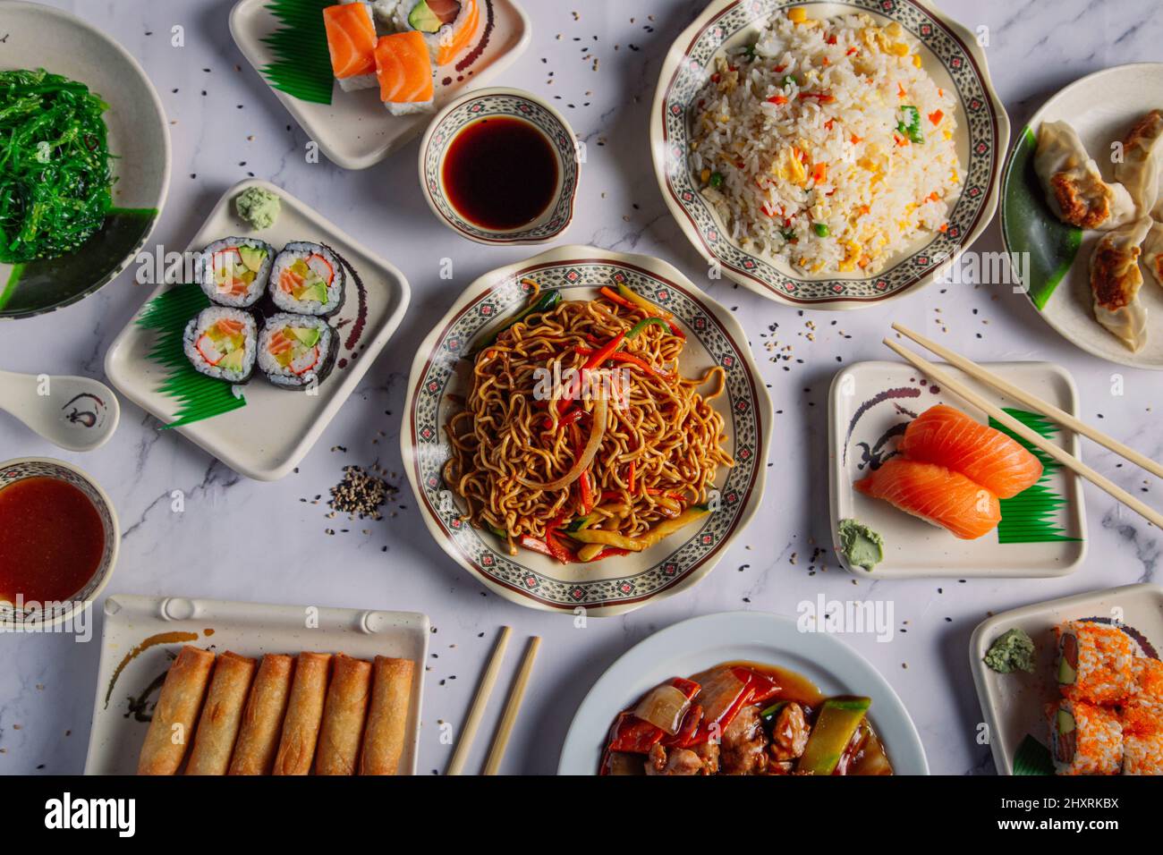 Asian food table with various types of Chinese food Stock Photo - Alamy