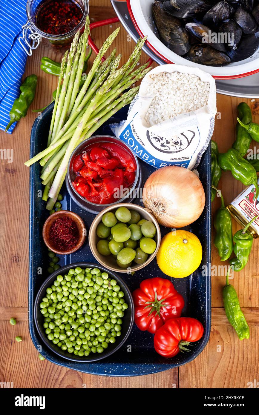 overhead tray of paella ingredients Stock Photo - Alamy