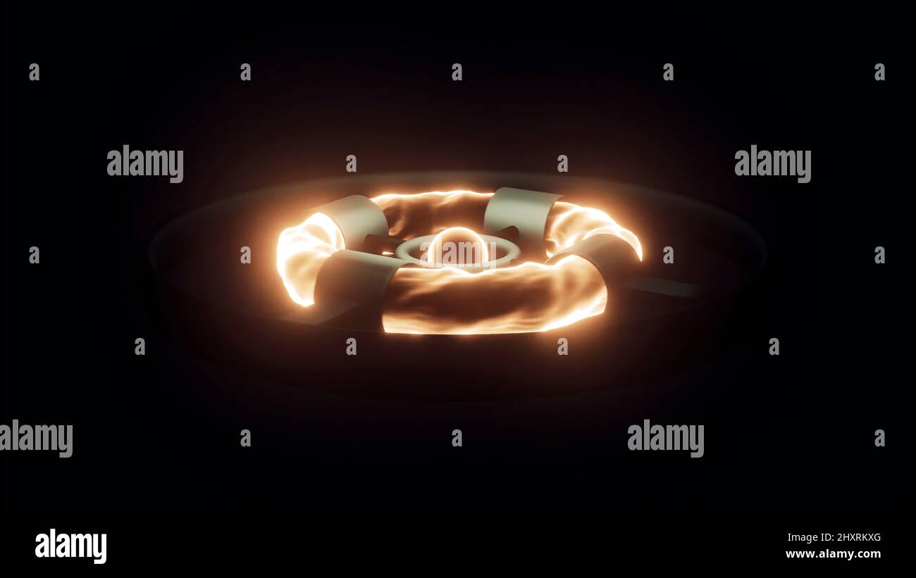 Bright glowing fire circular shapes inside black metal ring. Design ...