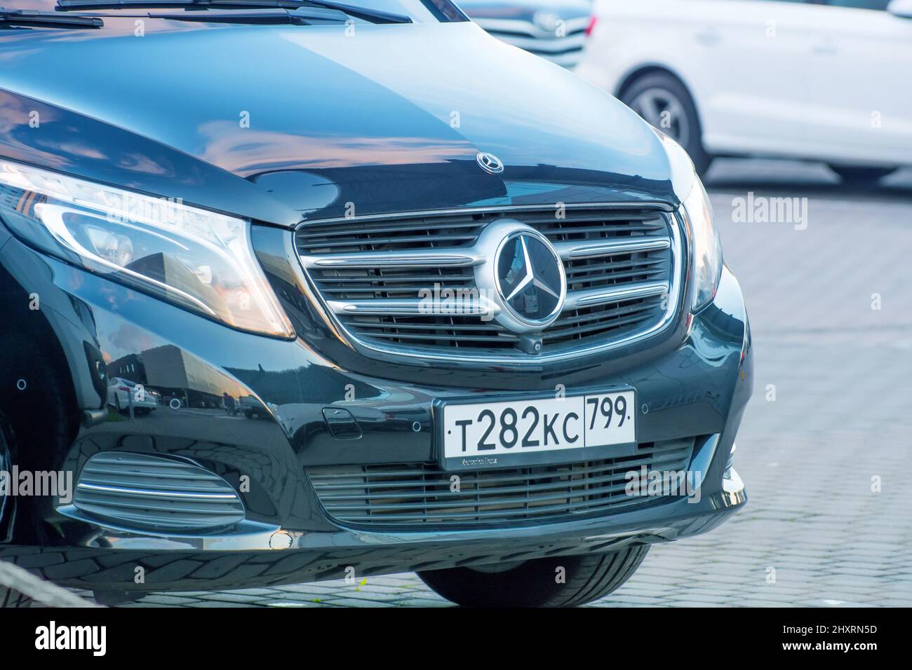 Black luxury van Mercedes-Benz minivan front side view. Russia, Saint ...