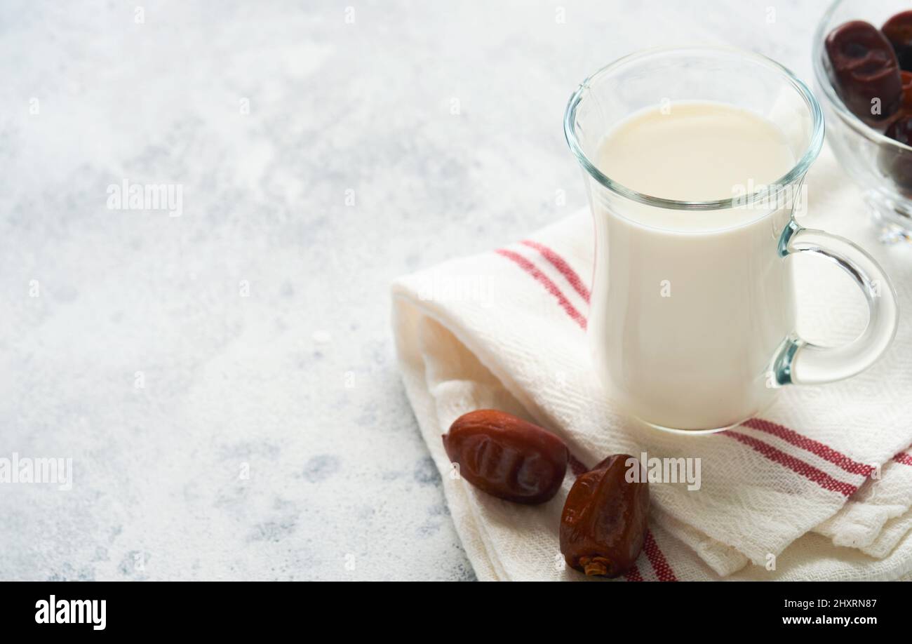 Ramadan Kareem food and drinks. Plate of dates, glass of milk and date ...