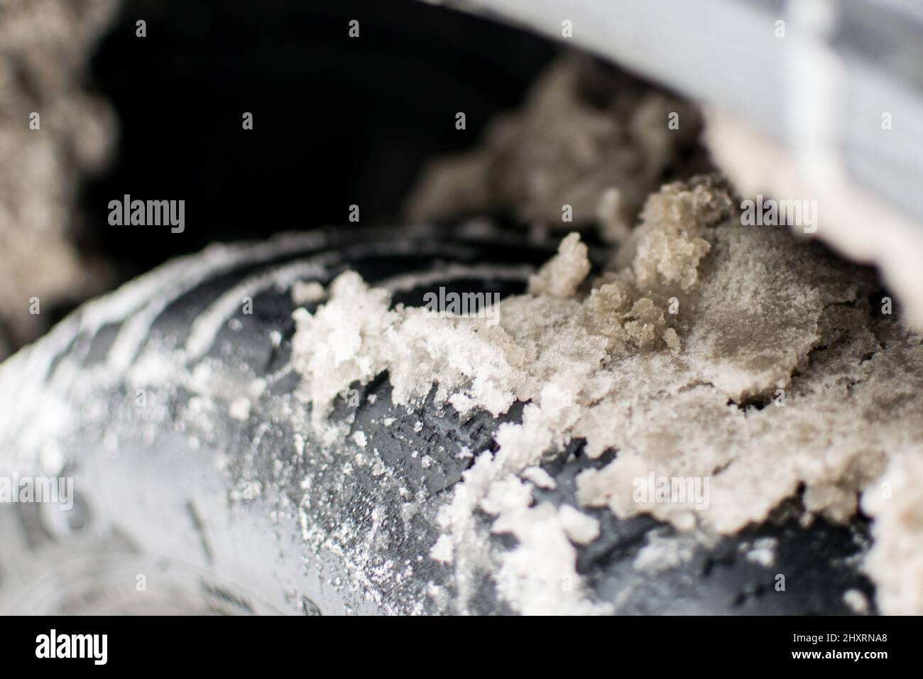 Rubber car in the snow. Tire tread clogged with snow Stock Photo - Alamy