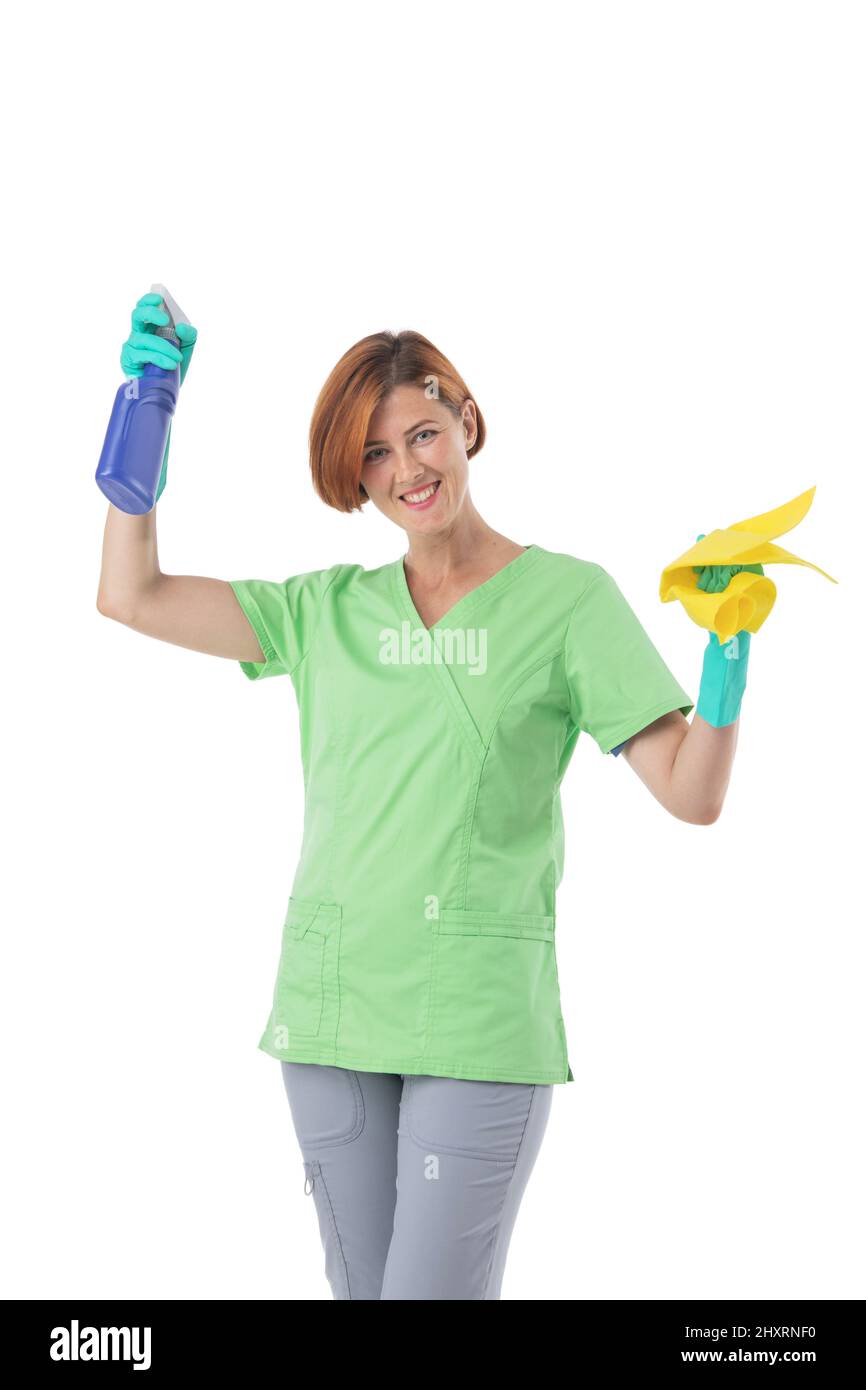 Portrait of professional cleaner woman with cleaning spray and rag ...