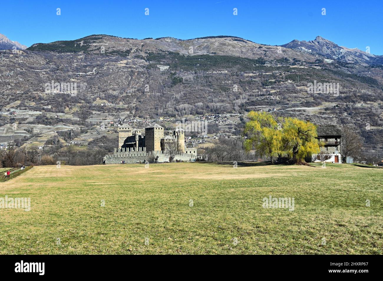 Medieval castle panoramic exterior view Fenis Aosta Valley Stock Photo ...