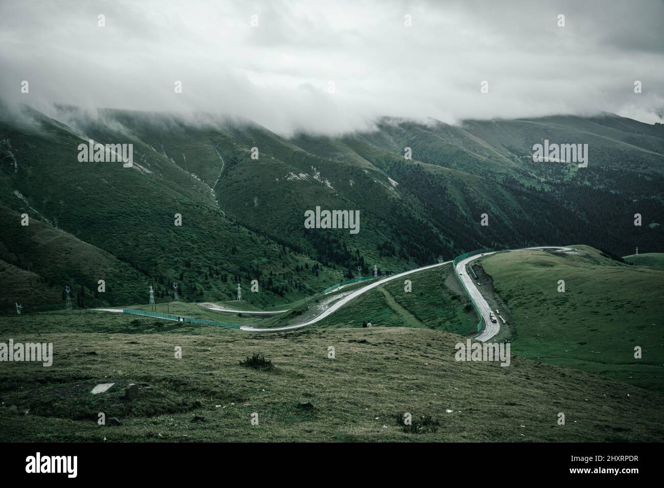 Heavy mist over the green field with the roads Stock Photo - Alamy