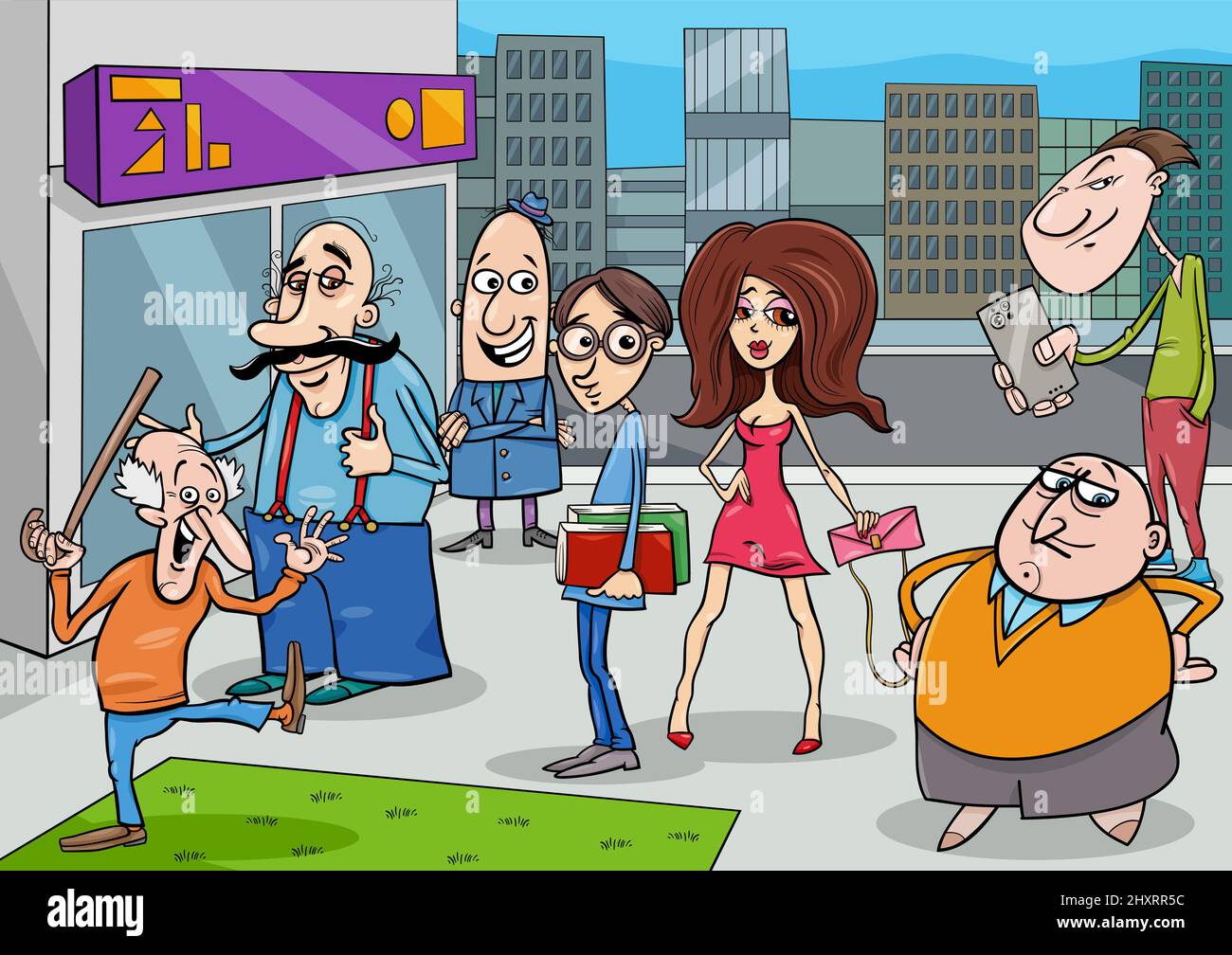 Cartoon illustration of people comic characters on the street in the ...