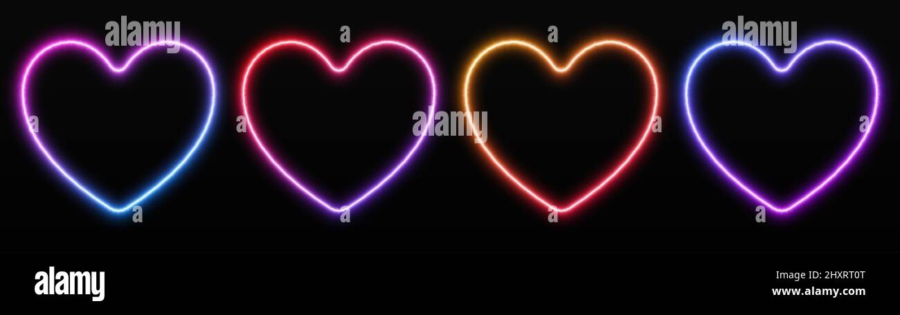 Gradient neon heart frames set. Glowing borders isolated on a dark ...