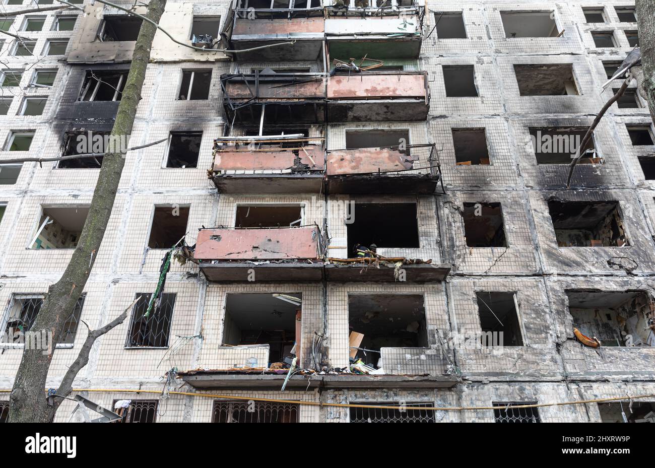Kyiv, Ukraine. 14th Mar, 2022. General view of a badly damaged ...