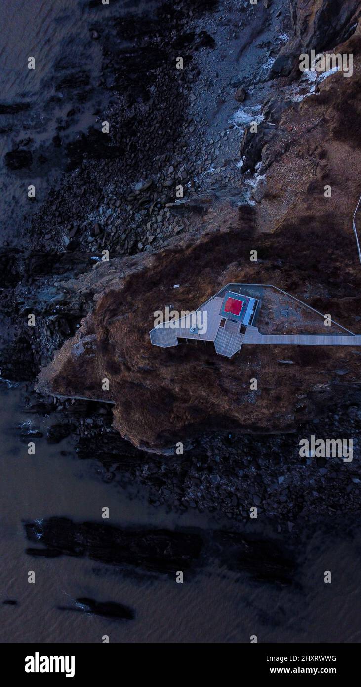 Aerial view of Cape Enrage Lighthouse at Fundy, New Brunswick, Canada ...