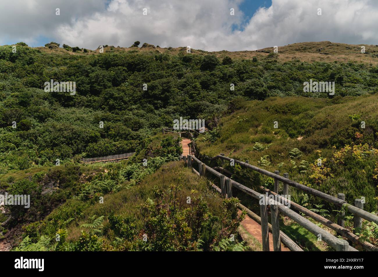 Mountain footpath with wooden railings in Furnas do Enxofre, Terceira ...