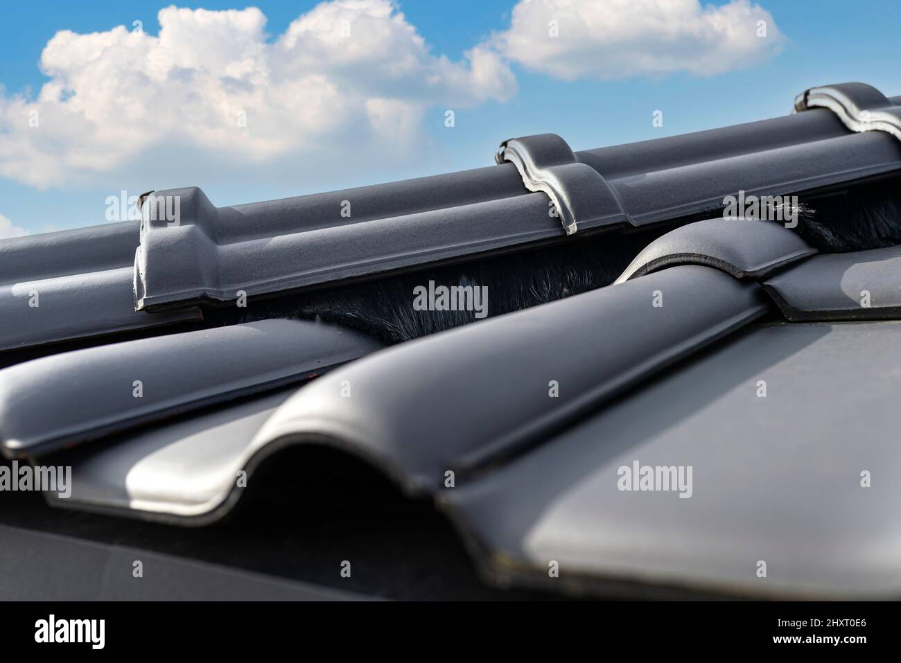 Ridge tile on the roof of a single-family house covered with a new ...