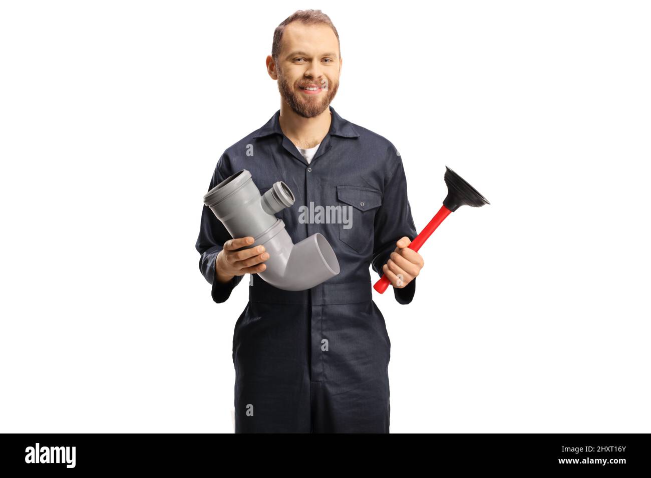 Plumber holding a pipe and a toilet plunger isolated on white ...