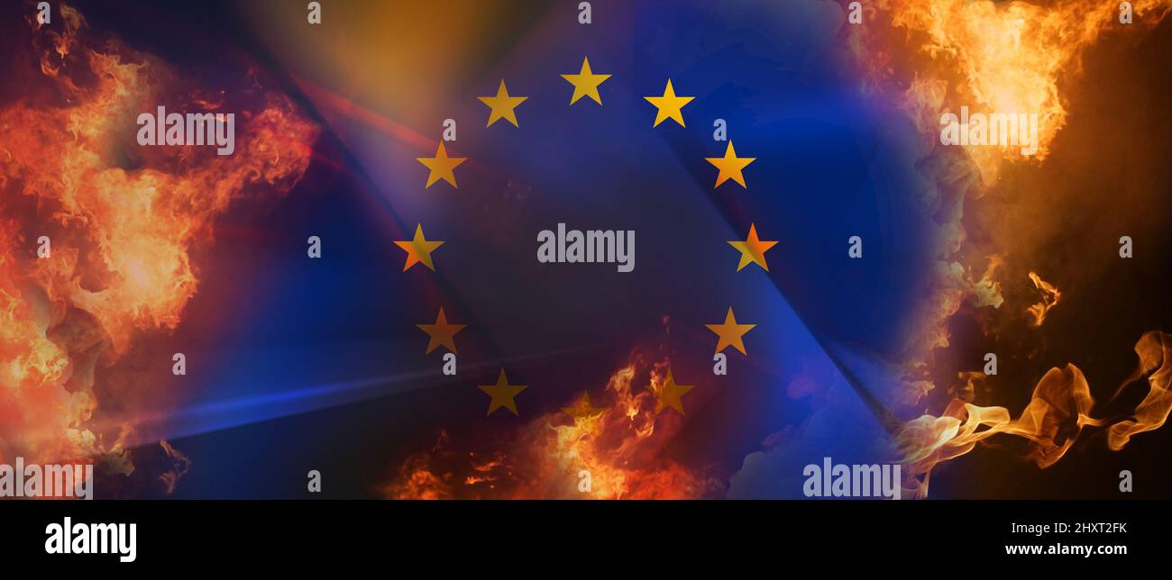 flag of Europe with abstract symbolic fire and flames 3d-illustration ...