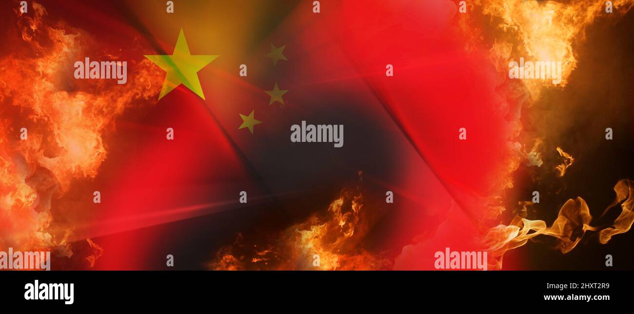 flag of China with abstract symbolic fire and flames 3d-illustration ...