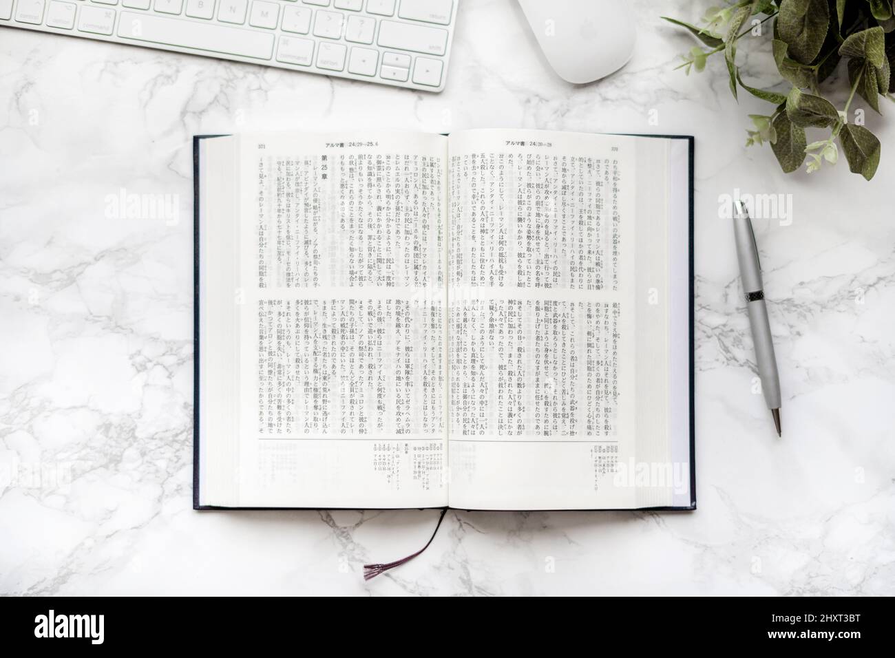 Top view of an open Book of Mormon in Japanese, and a pen on a white ...