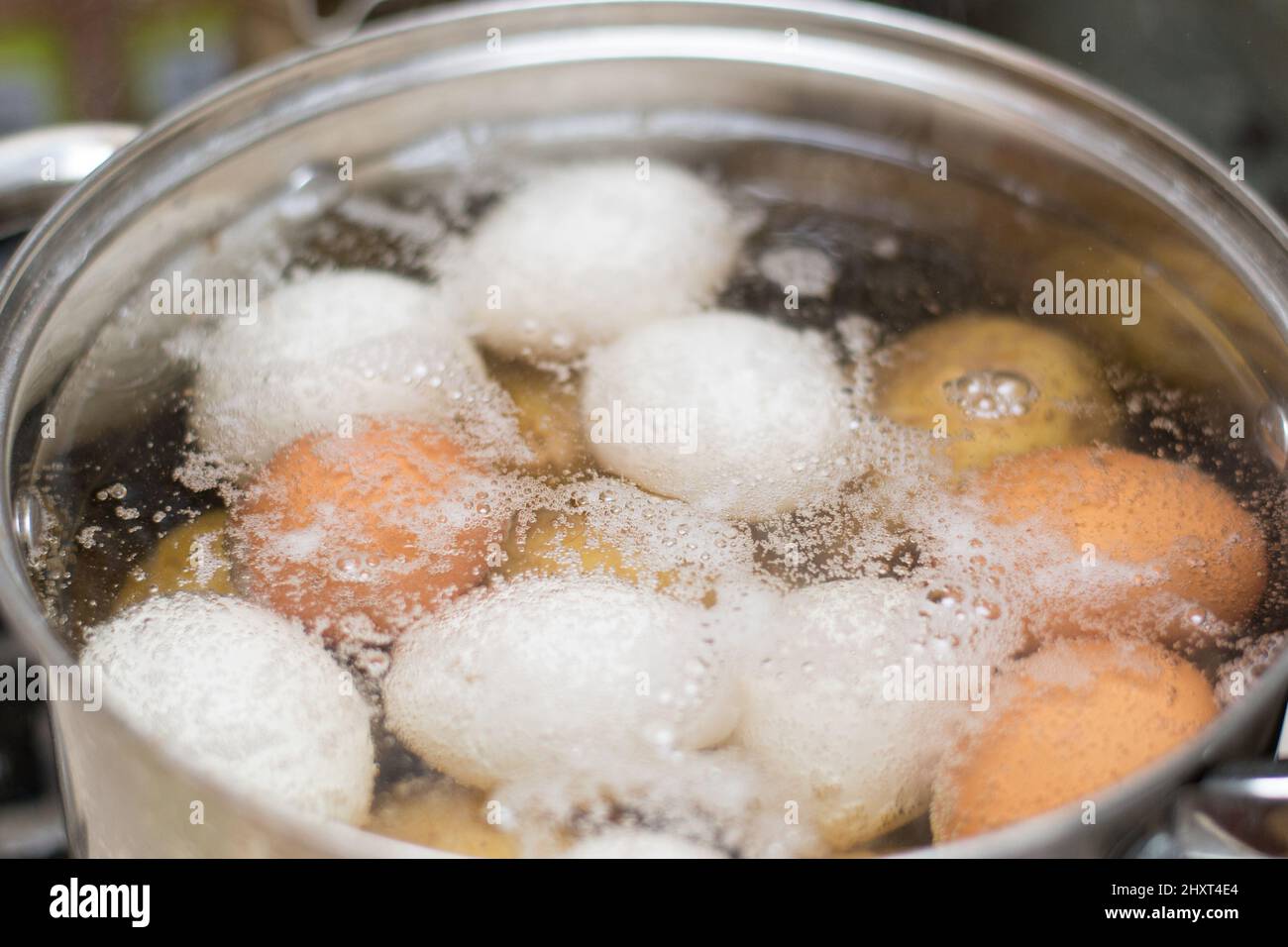 Boiling chicken eggs in the pan Stock Photo - Alamy