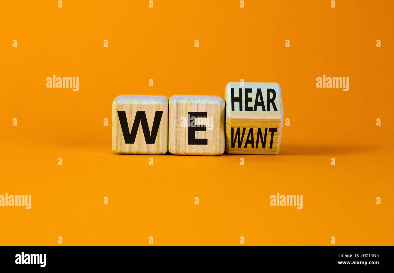 We want and hear you symbol. Turned the wooden cube and changed concept ...